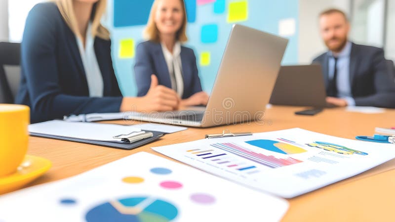 Business Meeting with Charts and Graphs on the Table, Three ...