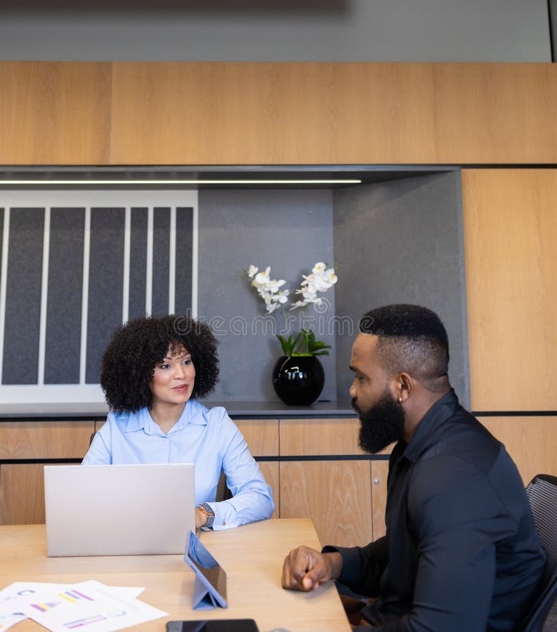 Business Meeting, Colleagues Discussing Project at Table with Laptop ...
