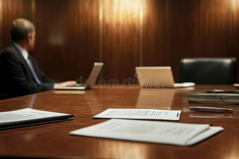 Business Meeting in Conference Room with Documents and Laptops on Table ...