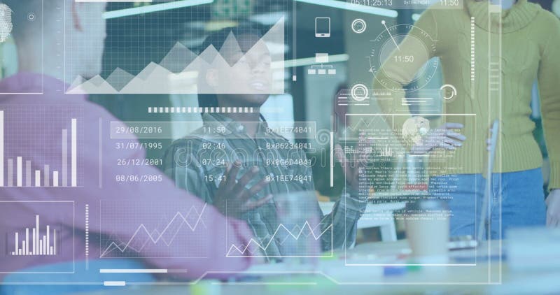 Business Meeting with Data Processing Animation Overlaying Diverse Team ...
