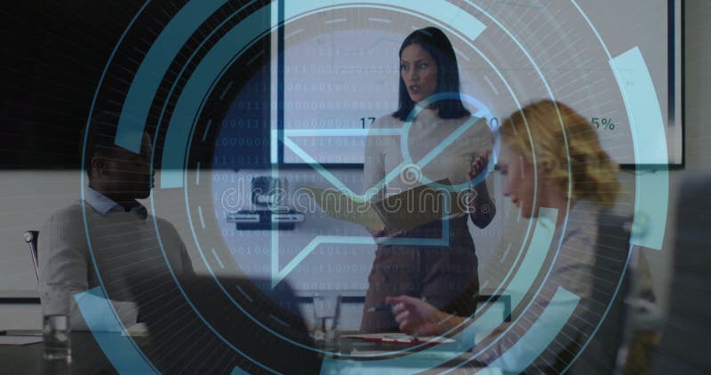 Business Meeting with Digital Email Icon and Binary Code Overlay ...