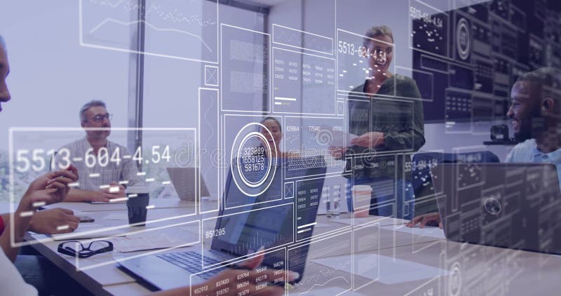 Business Meeting with Diverse Team and Data Processing Image Over ...