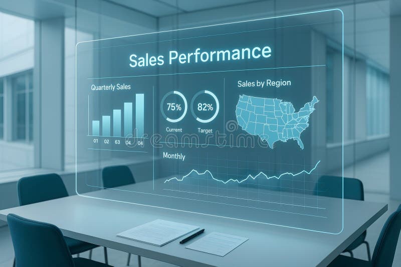 Business Meeting with Futuristic Sales Performance Data Visualization ...
