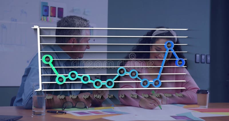 Business Meeting with Graph Animation Showing Data Trends Over Two ...