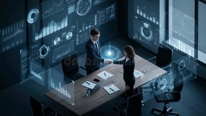 Business Meeting with Innovative Technology and Data Visualization in ...