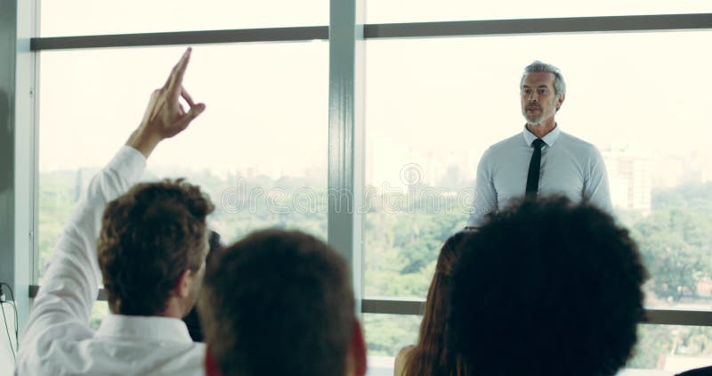 Business Meeting, Leader Man and Raised Hand for Question, Answer or ...