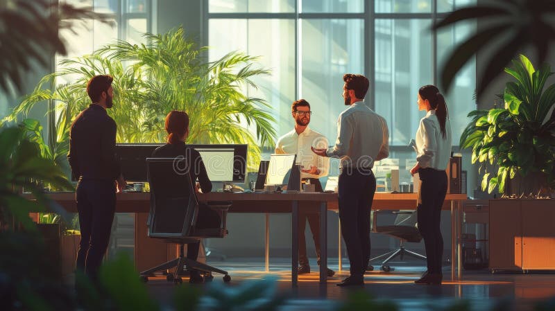 Business Meeting in Modern Office with Plants Stock Illustration ...