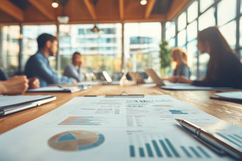 Business Meeting with Notes, Charts, and Laptops on Desk View Stock ...