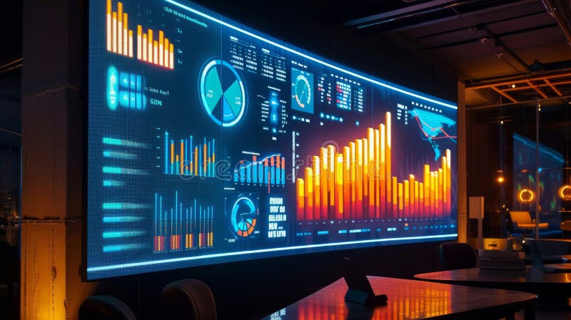Business Meeting Room with Vibrant Data Visuals on Screen Stock Photo ...