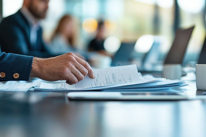 A Business Meeting Scene with Documents and Laptops on a Conference ...