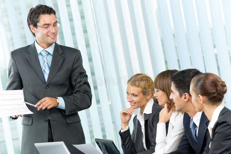 Happy Male Boss Leading His Team Stock Photo - Image of meeting ...