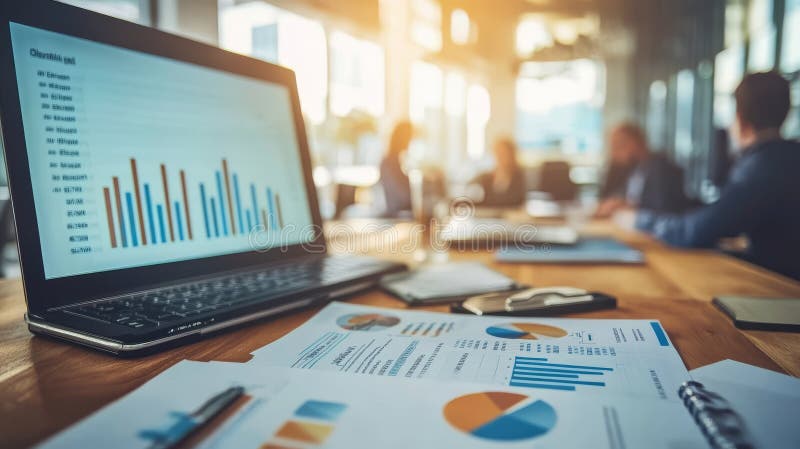 Business Meeting Setup with Documents, a Laptop, and a Presentation on ...