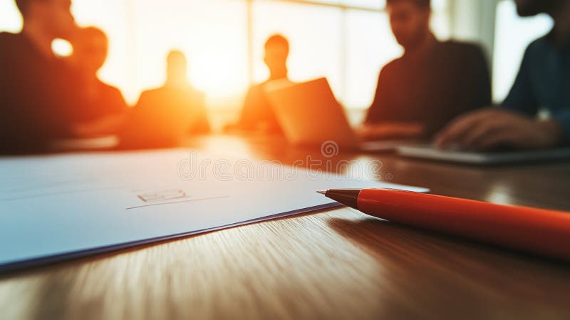 Business Meeting in Sunlit Office with Focus on Red Pen and Documents ...