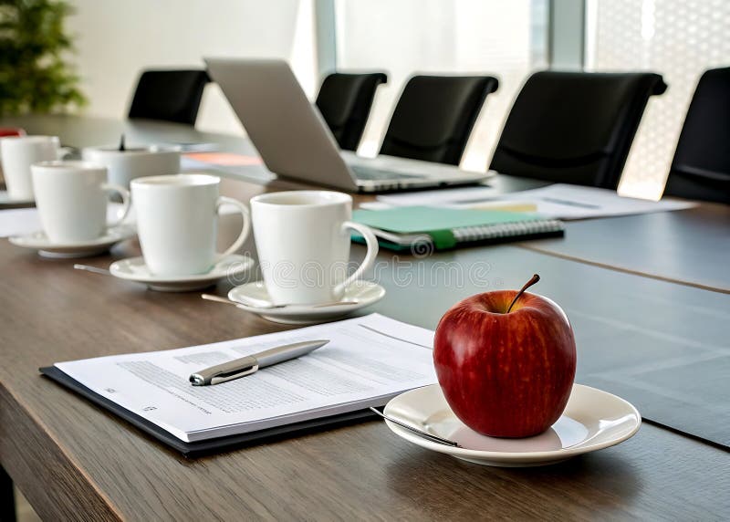 A Business Meeting Table with an Apple Next To Coffee Mugs and ...