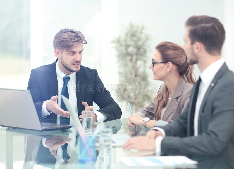 Business Meeting at the Table with Computer Stock Image - Image of ...