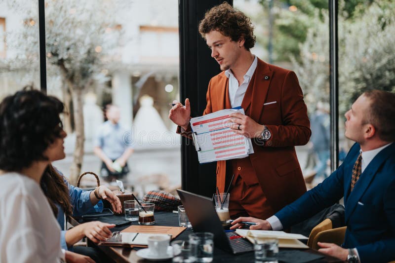Business Meeting Team Having Discussion Modern Coffee Bar Setting Stock ...