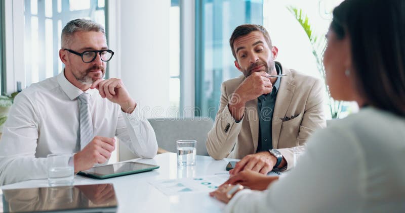 Business, Men and Talking with Documents for Interview, Recruitment ...