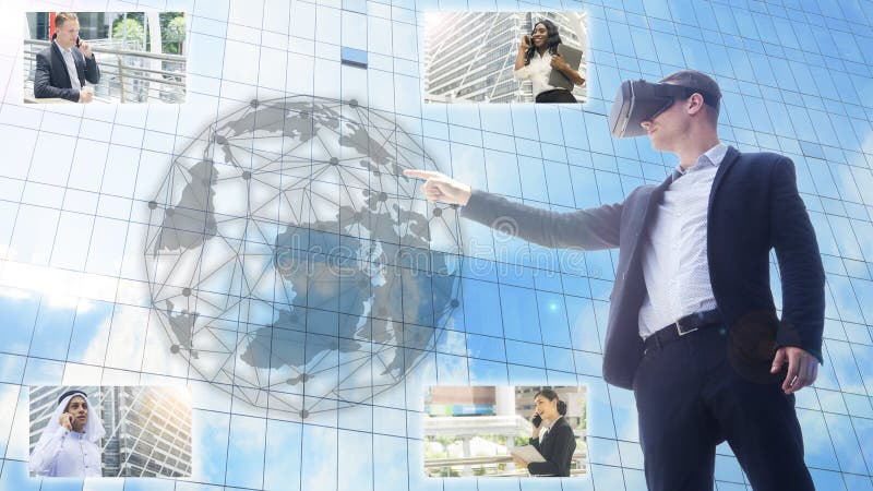 Business Man Using VR Headset And Interacting With Object World Stock ...