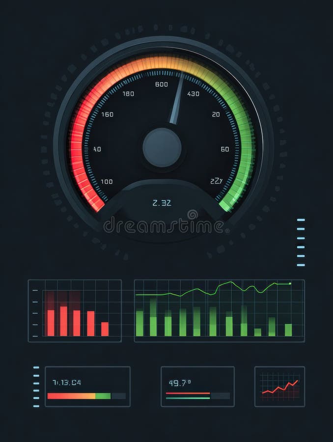 Business Metrics Dashboard Displaying Speedometer and Performance Indicators for Real-Time ...