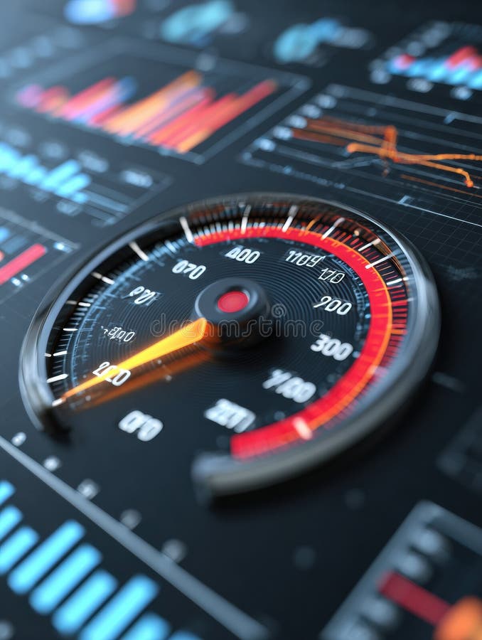 Business Metrics Dashboard Displaying a Speedometer and Various Indicators for Performance ...