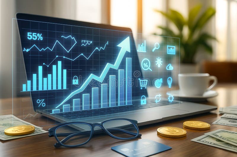 Business Metrics and Graphs Displayed on a Computer Screen Surrounded ...