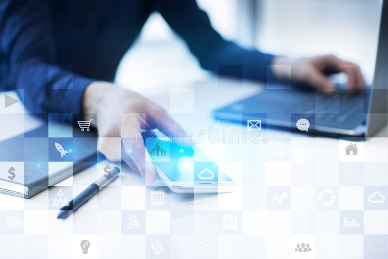 Business Mockup. Icons on Virtual Screen. Internet Digital Technology ...