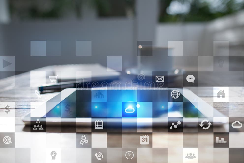 Business Mockup. Office Workflow. Icons on Virtual Screen. Internet and ...