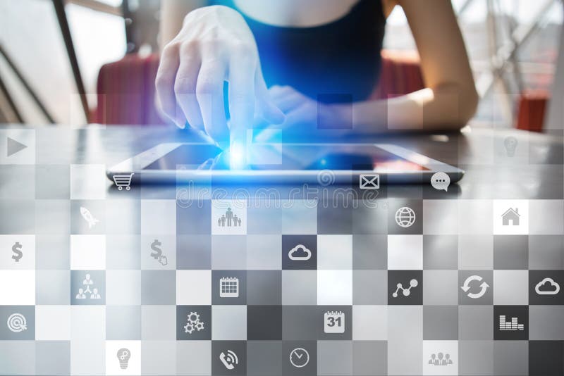 Business Mockup. Office Workflow. Icons on Virtual Screen. Internet and ...