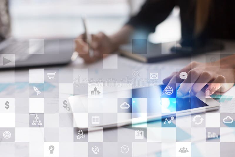 Business Mockup. Office Workflow. Icons on Virtual Screen Stock Photo ...