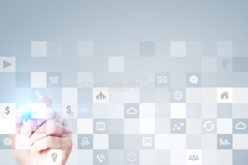 Business Mockup. Office Workflow. Icons on Virtual Screen Stock Photo ...