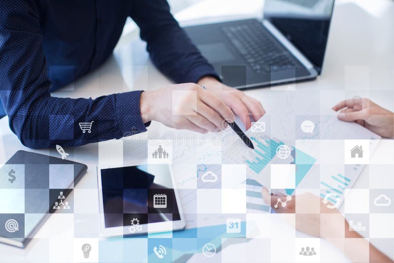 Business Mockup. Office Workflow. Icons on Virtual Screen Stock Photo ...