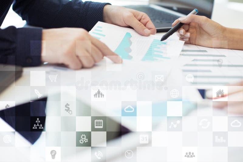 Business Mockup. Office Workflow. Icons on Virtual Screen. Internet and ...