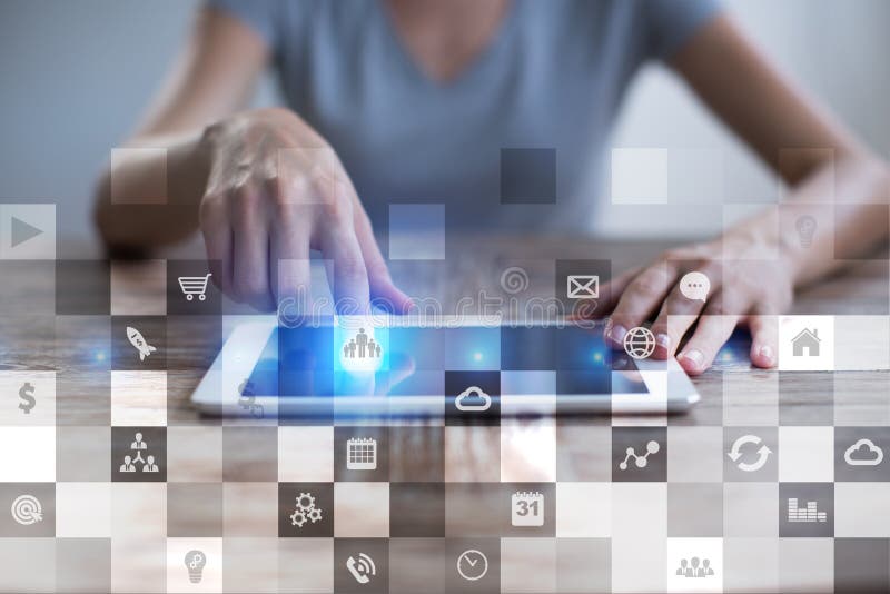 Business Mockup. Office Workflow. Icons on Virtual Screen. Internet and ...