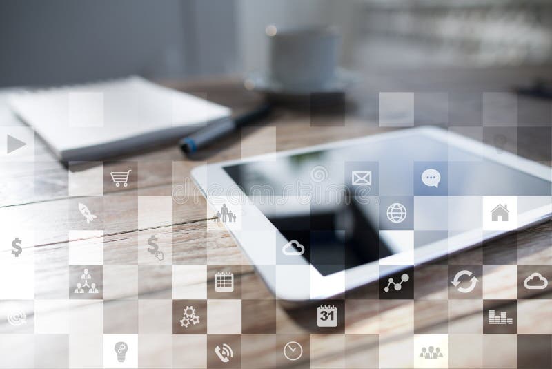 Business Mockup. Office Workflow. Icons on Virtual Screen. Technology ...