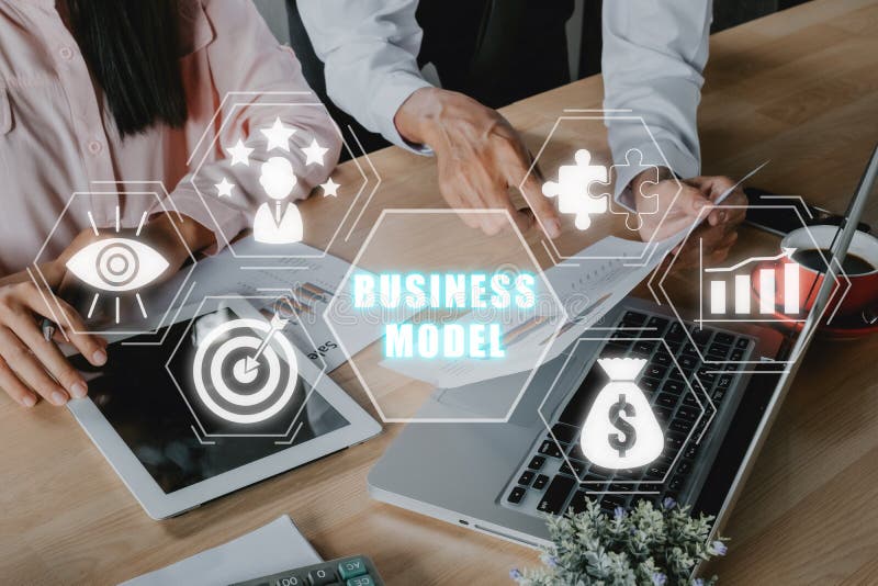 Business Model Comcept, Two Colleagues Discussing Data with New Modern ...