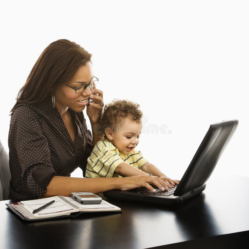 Mother and Baby in Home Office and Telephone Stock Photo - Image of ...