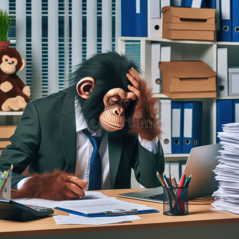 Business Monkey Struggles with Paperwork at Desk in Modern Office ...
