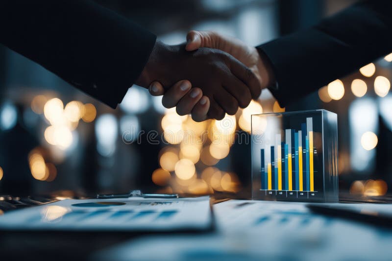 Business Negotiation in Corporate Room with Handshake and Focus on Data ...