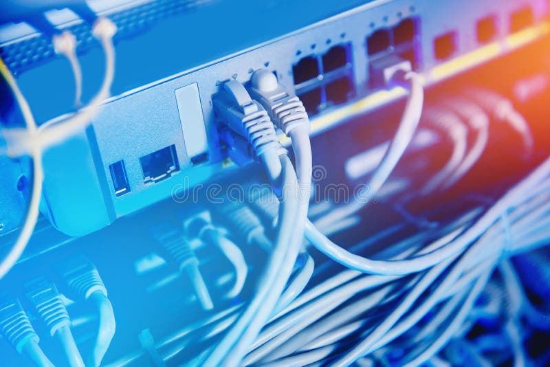 Business Network Panel with Switch and Cable Rj45 in Data Center Blue ...