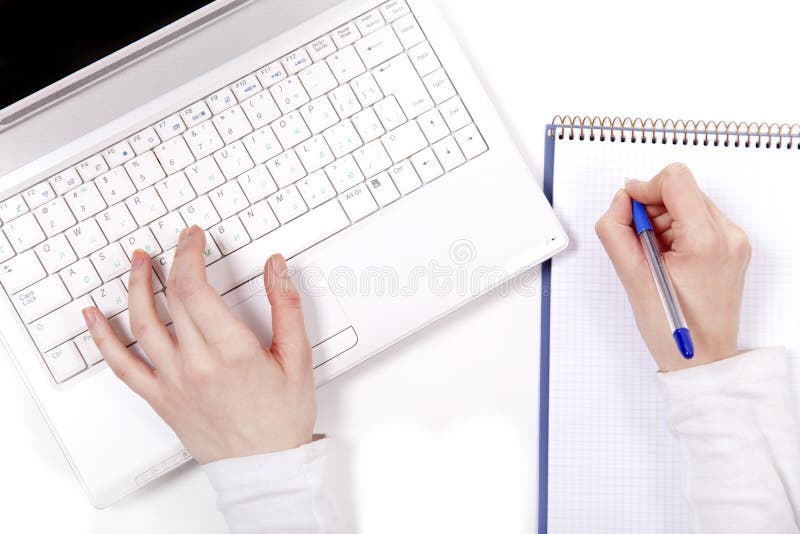 Business Notebook with Laptop and Pen in Hand. Stock Image - Image of ...
