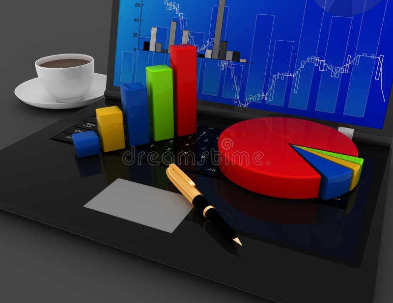 Business Office Concept. Graph and Charts on Laptop Keyboard . 3d ...