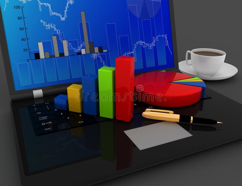 Business Office Concept. Graph and Charts on Laptop Keyboard . 3d ...