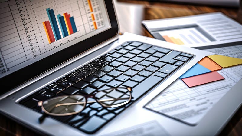 Business Office Concept. Graph and Charts on Laptop Keyboard. Ge Stock ...