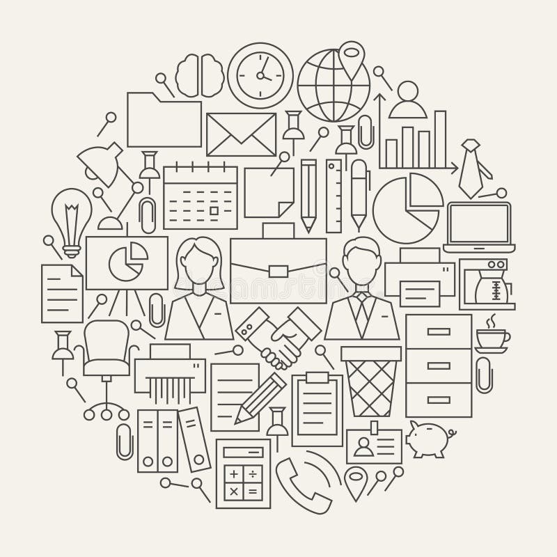 Business Office Line Icons Set Circle Shape Stock Vector - Illustration ...