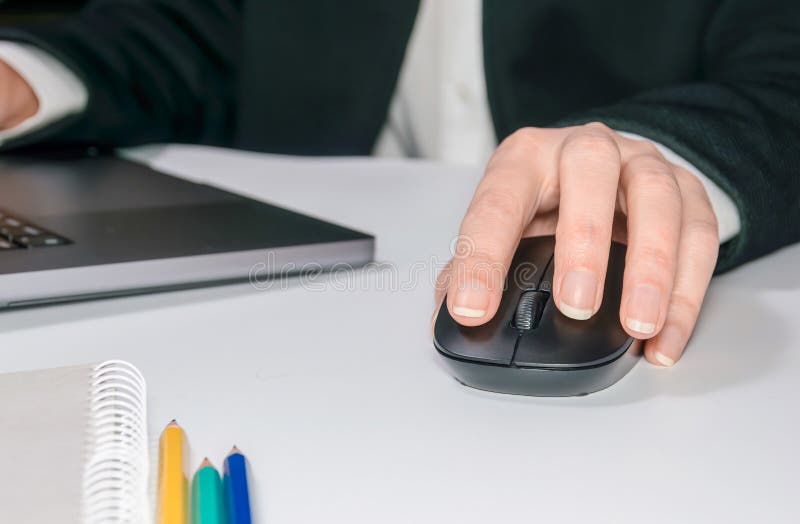 Business Office Setting. Close-up of a Female Hand with a Mouse Stock ...
