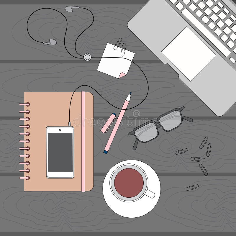 Business Office Workplace Desk Laptop Top Angle Above View Stock Vector ...