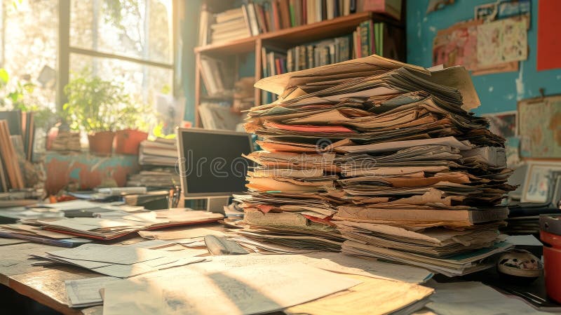 A Business Office Workspace is Dominated by a Huge Pile of Documents ...