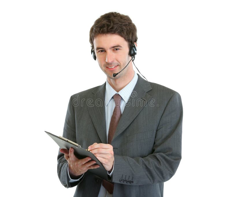 Business Operator with Headset and Clipboard Stock Photo - Image of ...