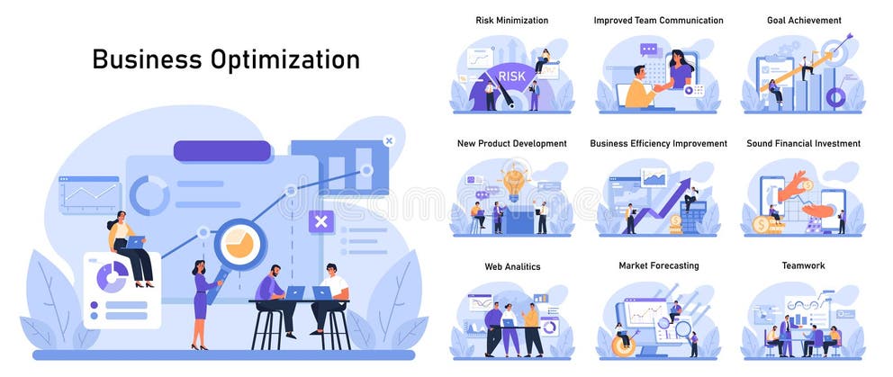 Business Optimization Set. Diverse Professionals Analyze Data, Mitigate ...