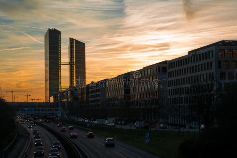 Business Park Sunset Alte Heide, Munich Editorial Stock Image - Image ...